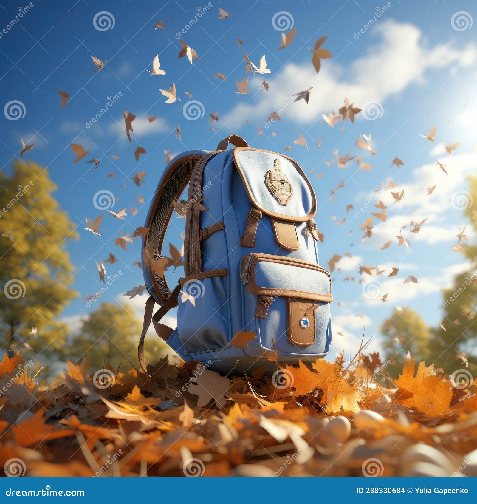 Books with Backpack Over the Sky and Some Falling Leaves Stock Photo ...