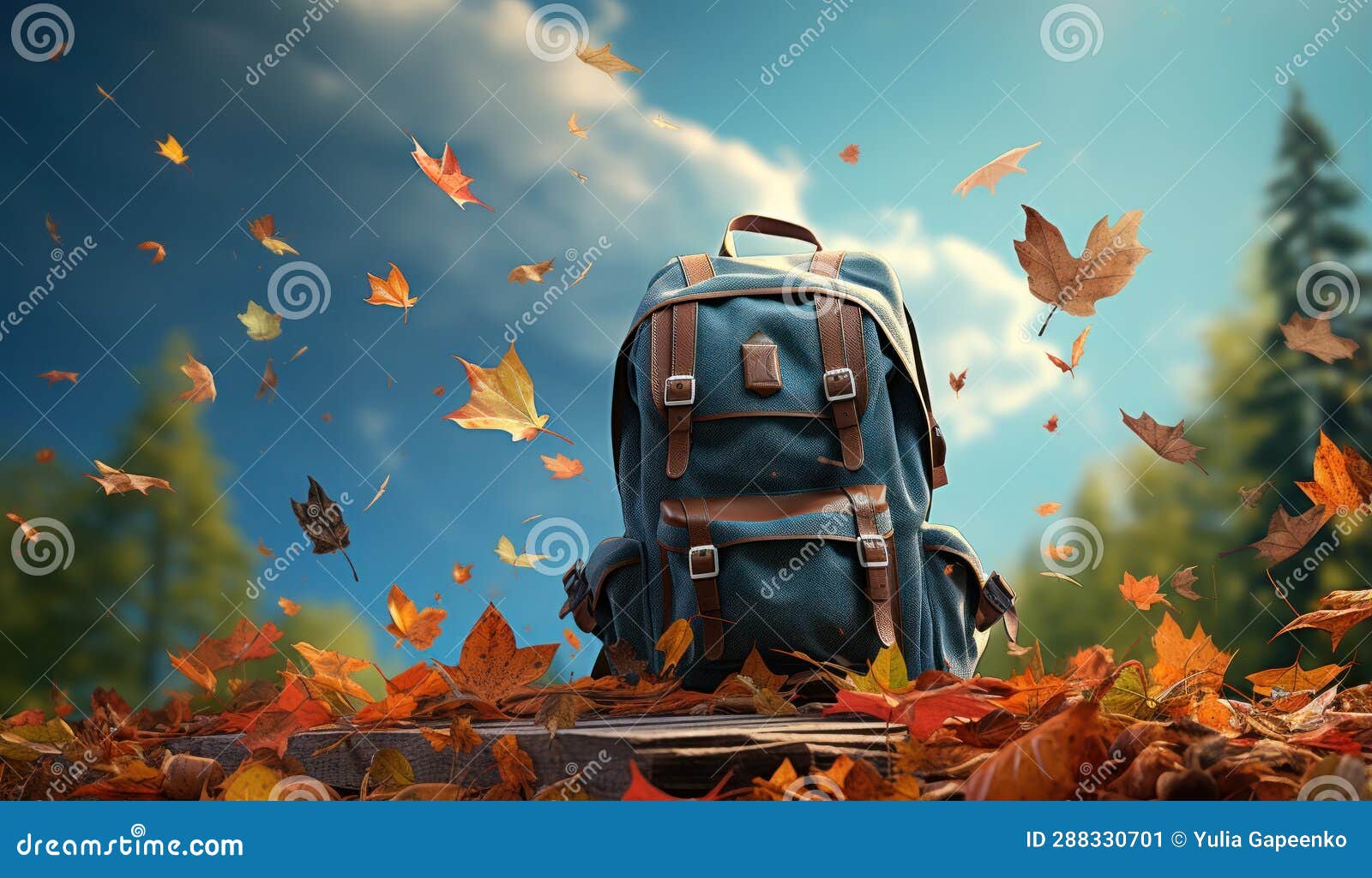 Books with Backpack Over the Sky and Some Falling Leaves Stock Image ...