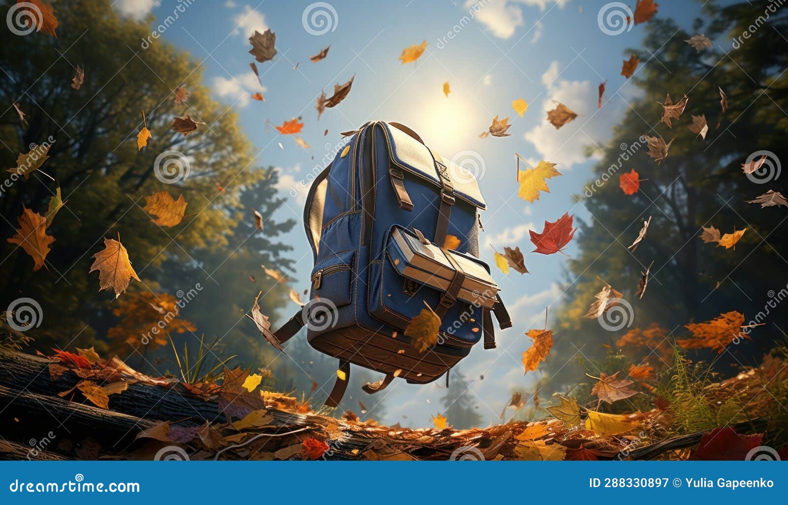 Books with Backpack Over the Sky and Some Falling Leaves Stock Image ...