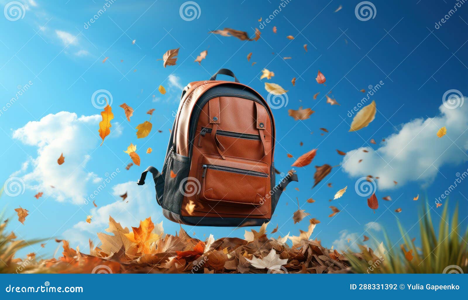 Books with Backpack Over the Sky and Some Falling Leaves Stock Photo ...