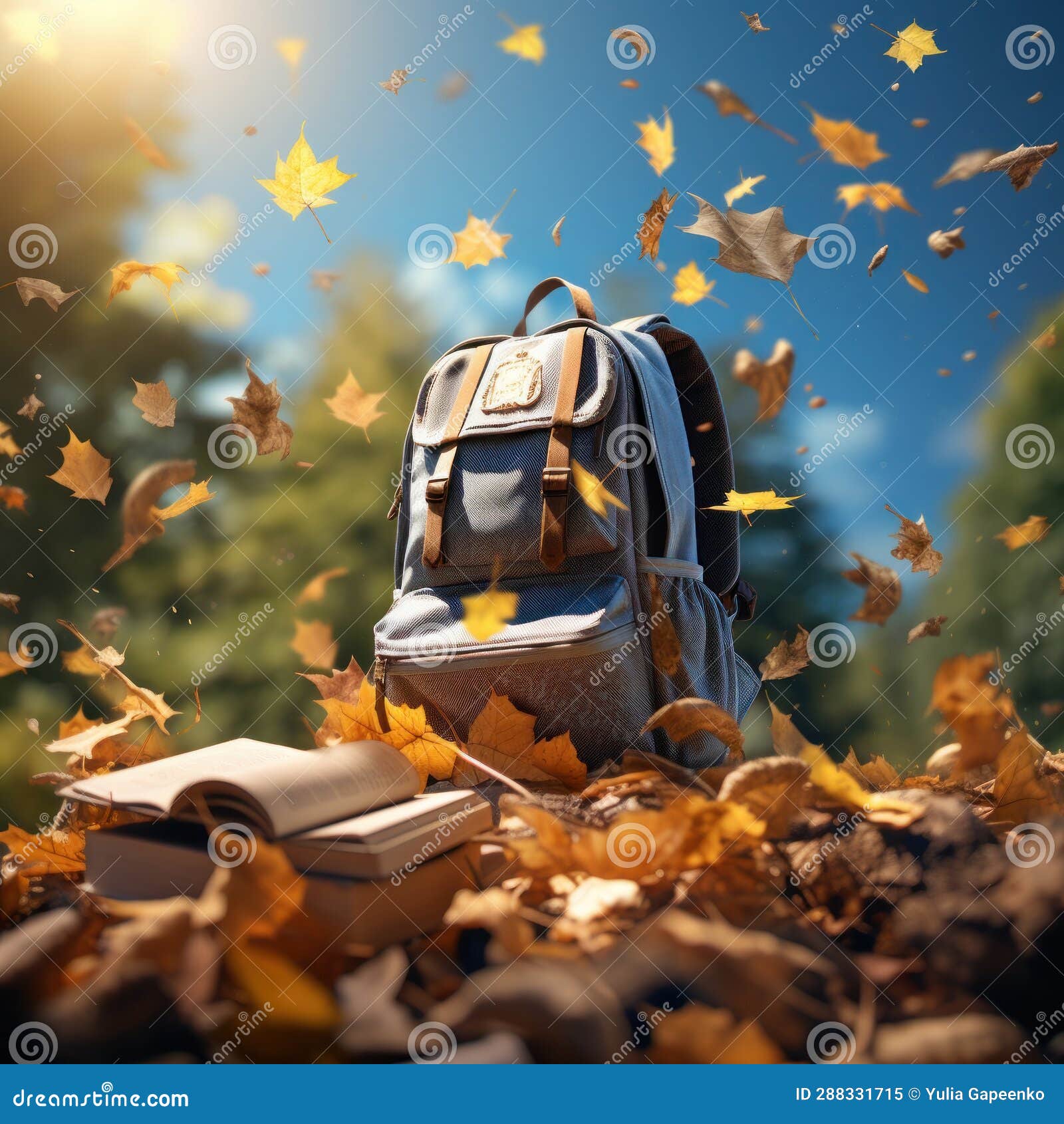 Books with Backpack Over the Sky and Some Falling Leaves Stock Image ...