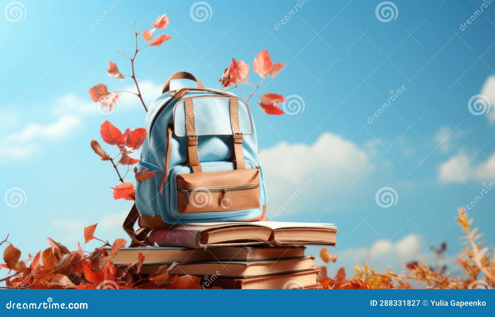 Books with Backpack Over the Sky and Some Falling Leaves Stock Image ...