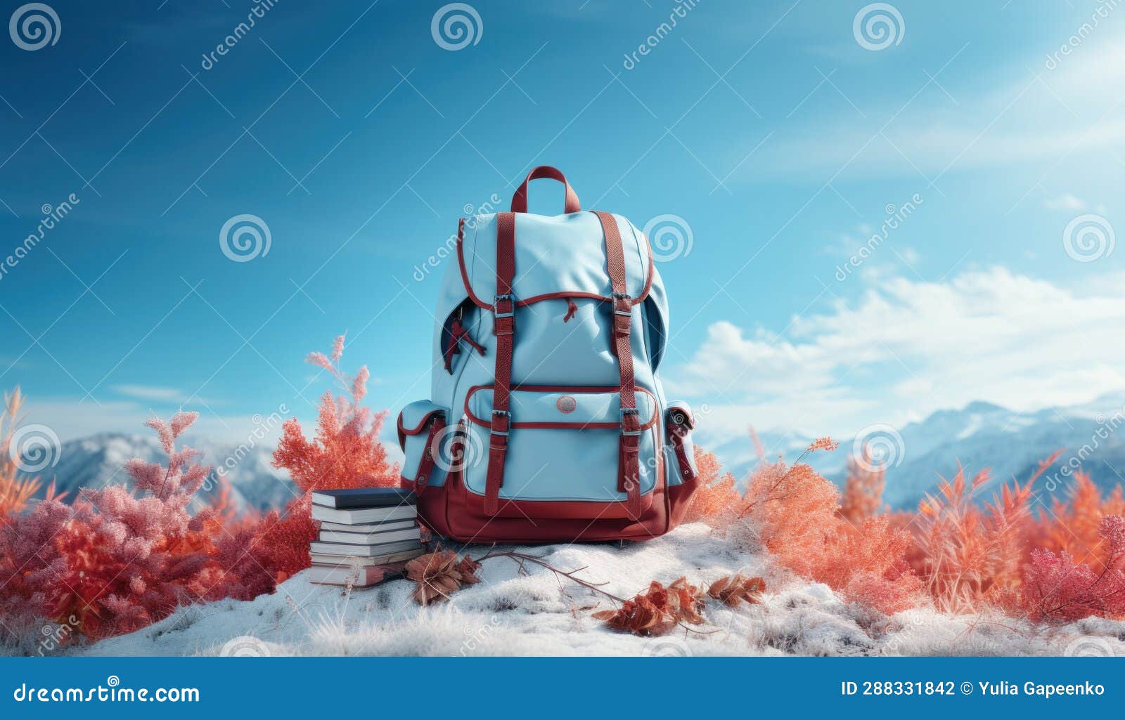 Books with Backpack Over the Sky and Some Falling Leaves Stock Photo ...