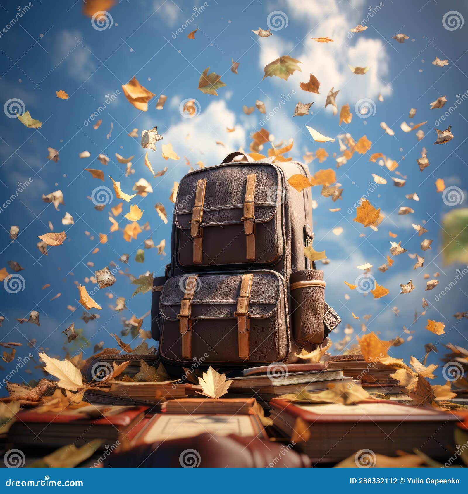 Books with Backpack Over the Sky and Some Falling Leaves Stock Photo ...