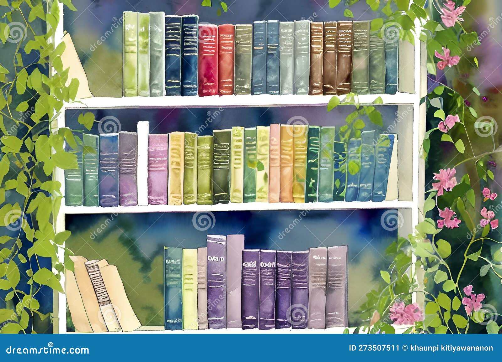 Books on the Bookshelf with Green Leaves in the Background Stock ...