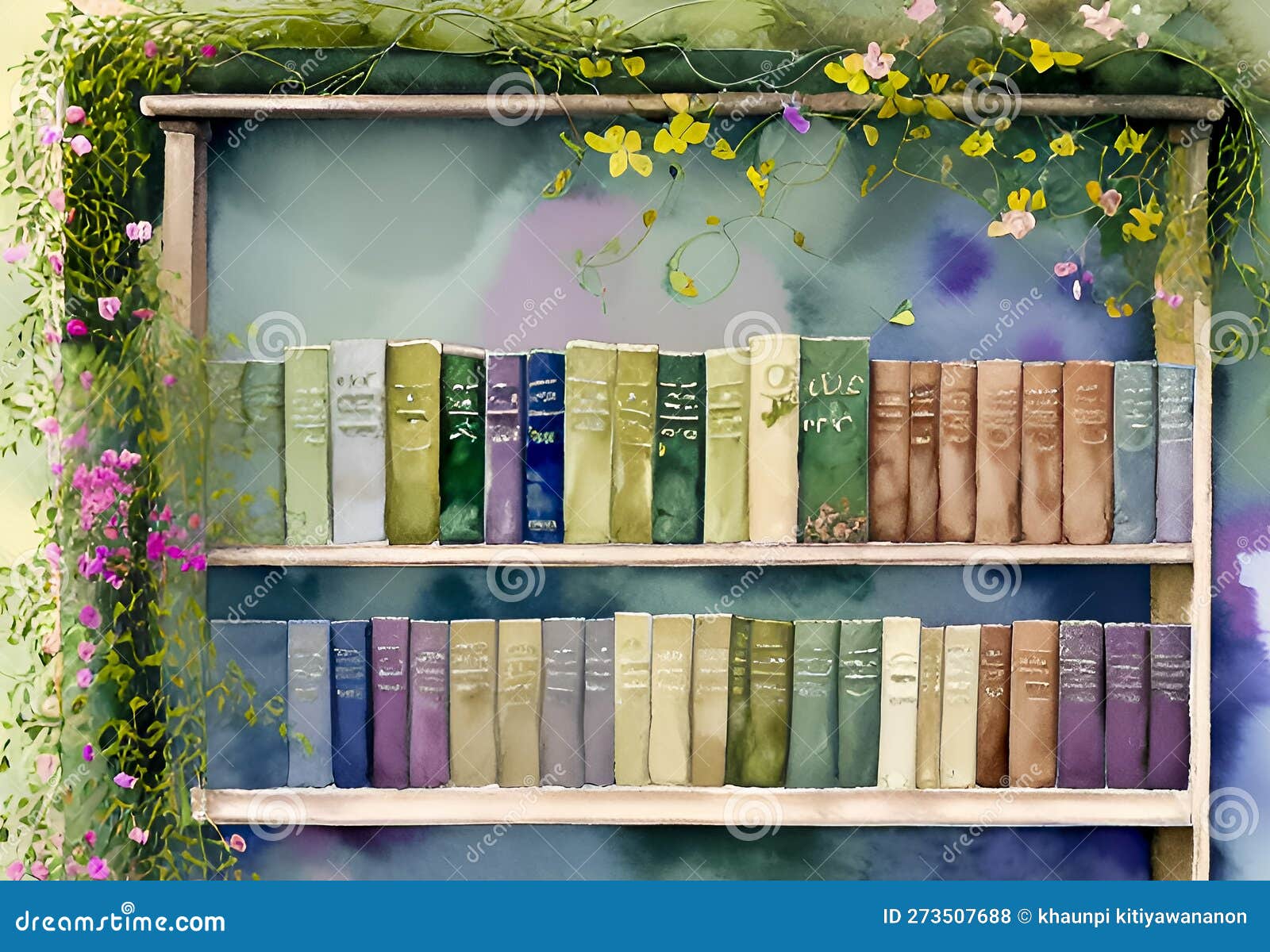 Books on the Bookshelf with Green Leaves in the Background Stock ...