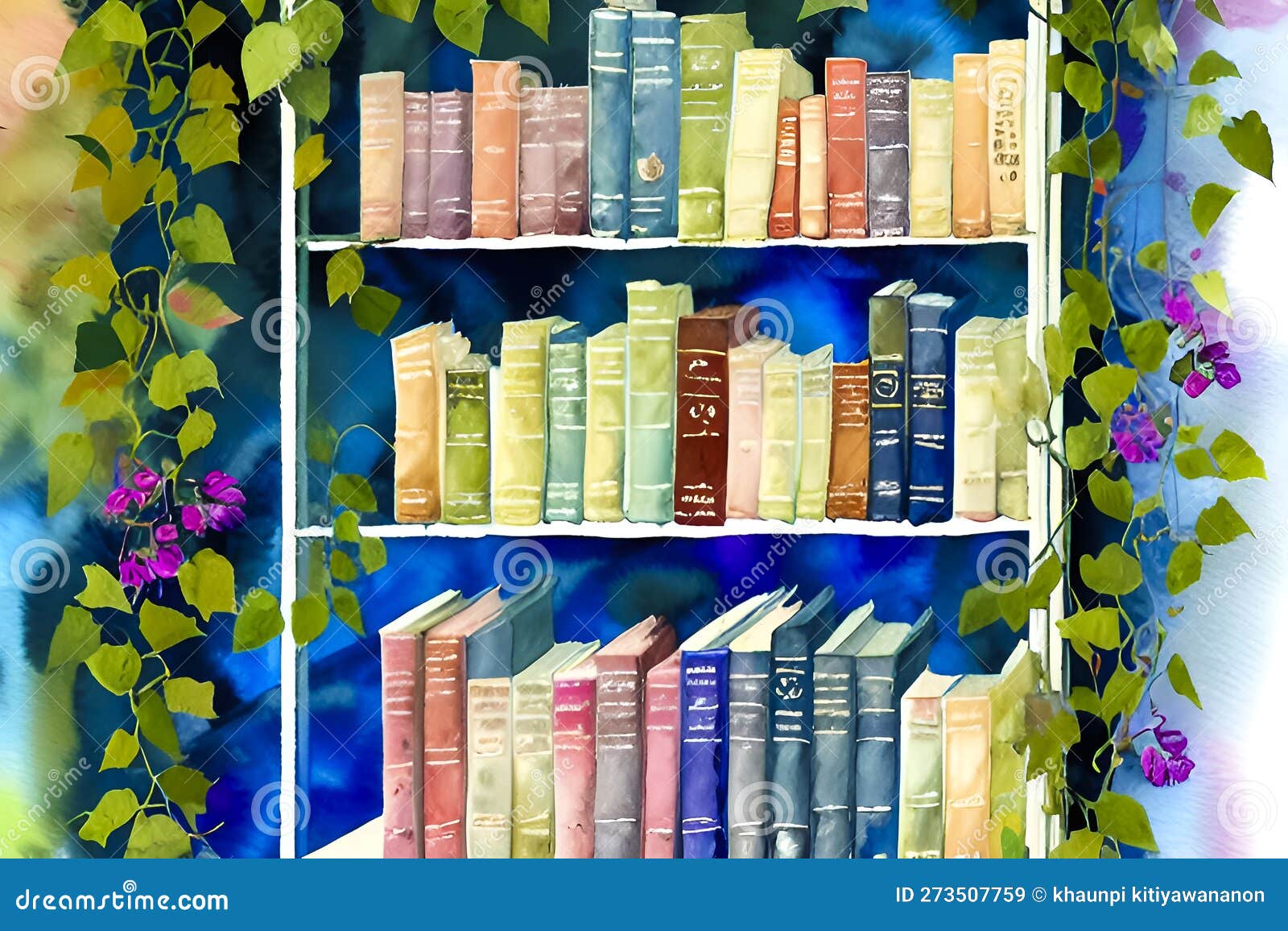 Books on the Bookshelf with Green Leaves in the Background Stock ...