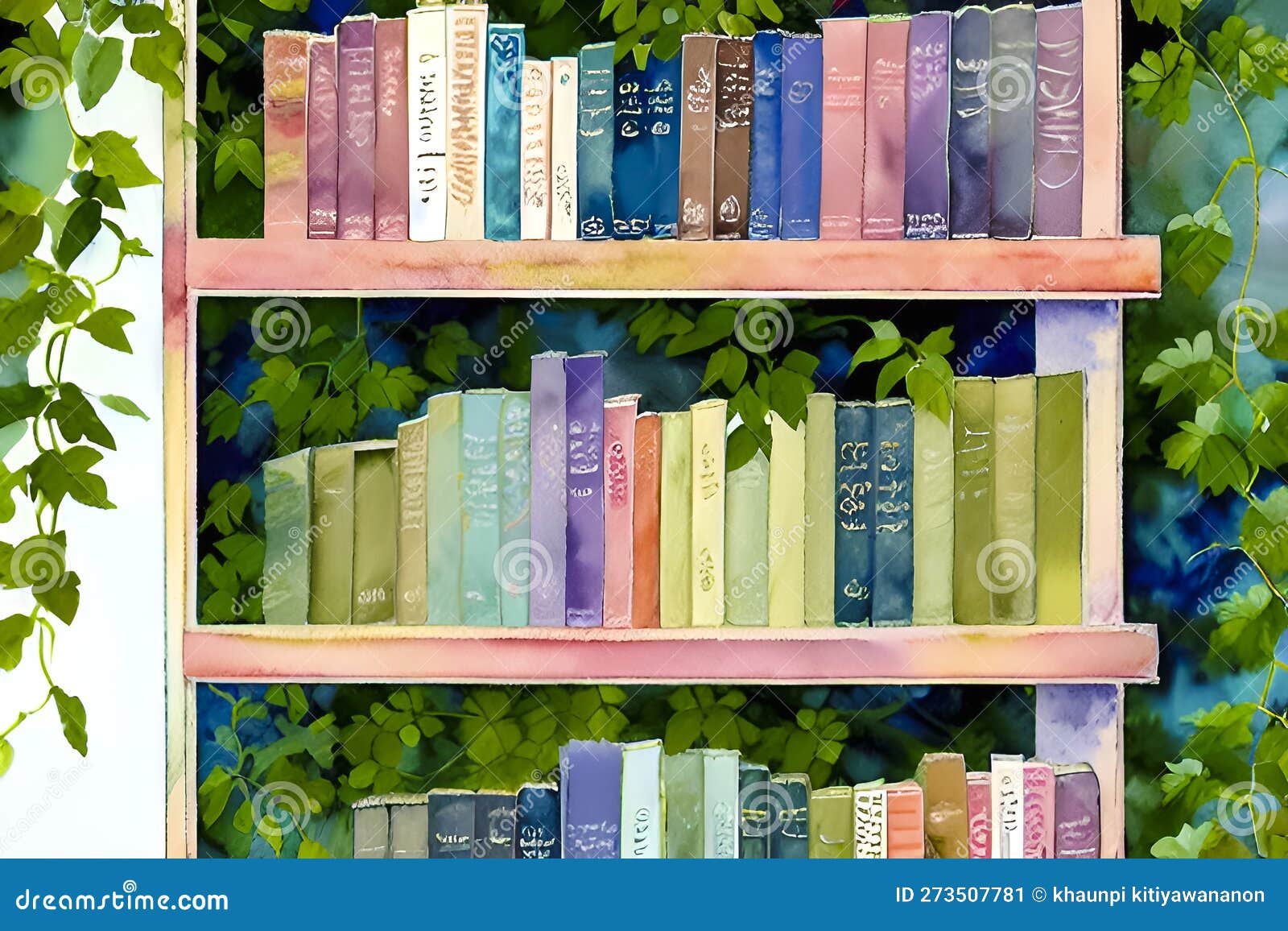 Books on the Bookshelf with Green Leaves in the Background Stock ...