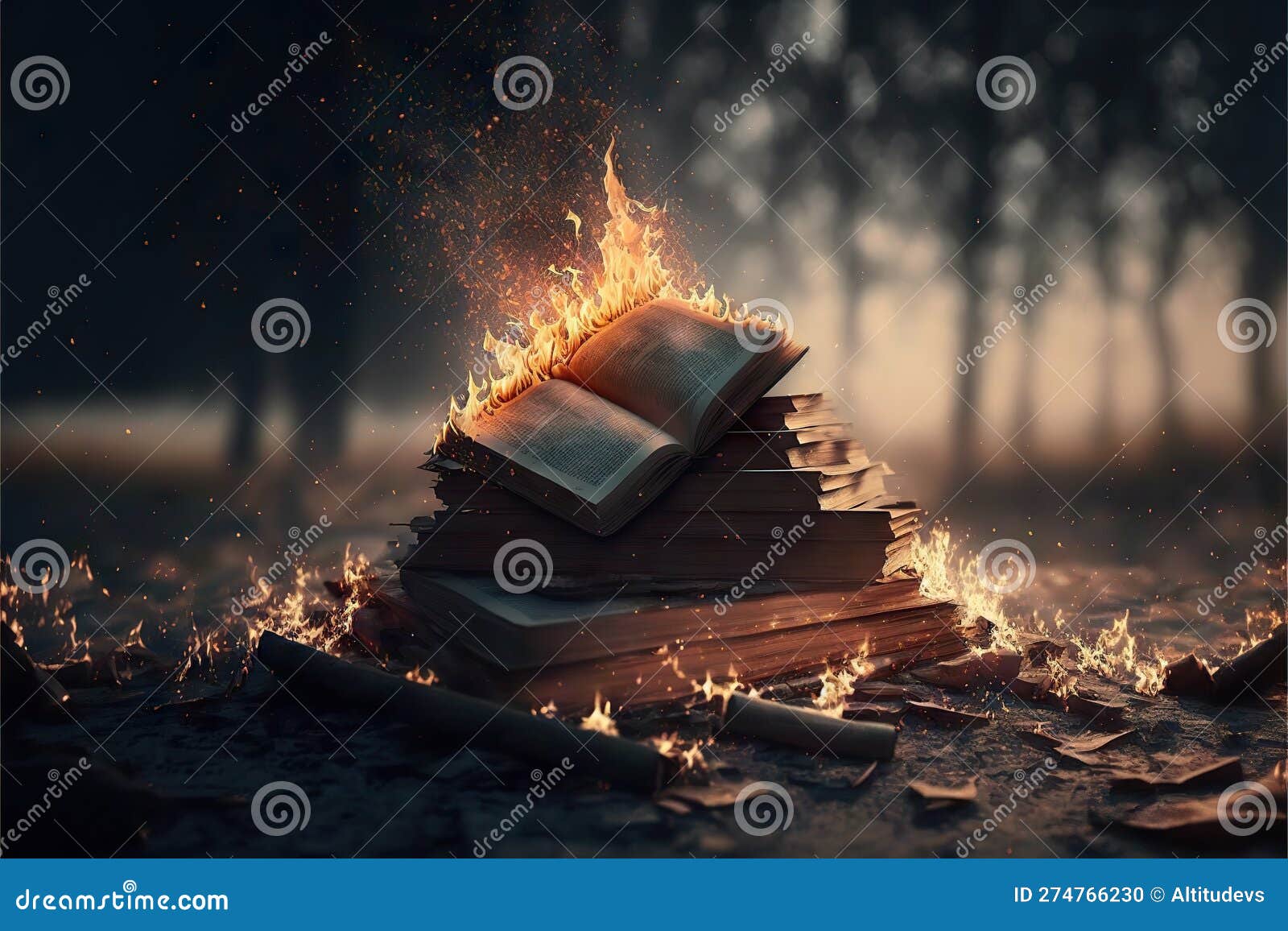 Books burning in bonfire stock illustration. Illustration of flame ...