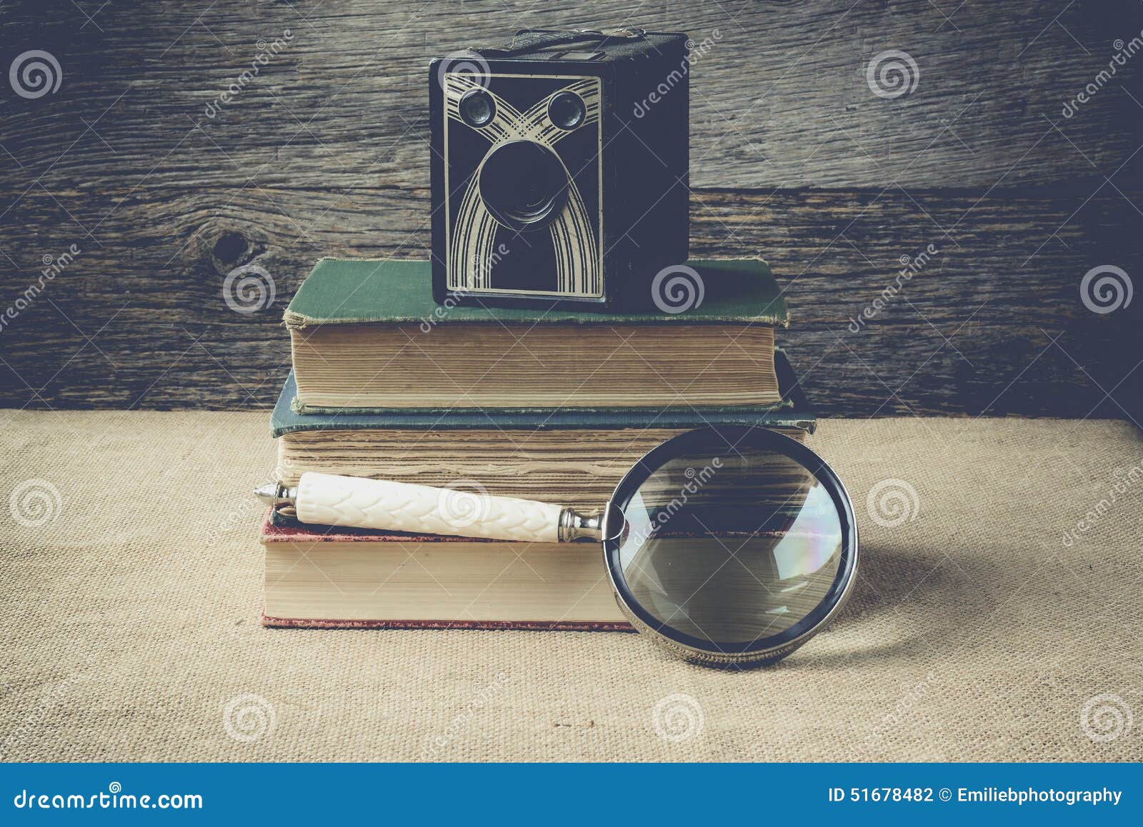 Books, Camera, and Magnifying Glass on Retro Background with Ins Stock ...