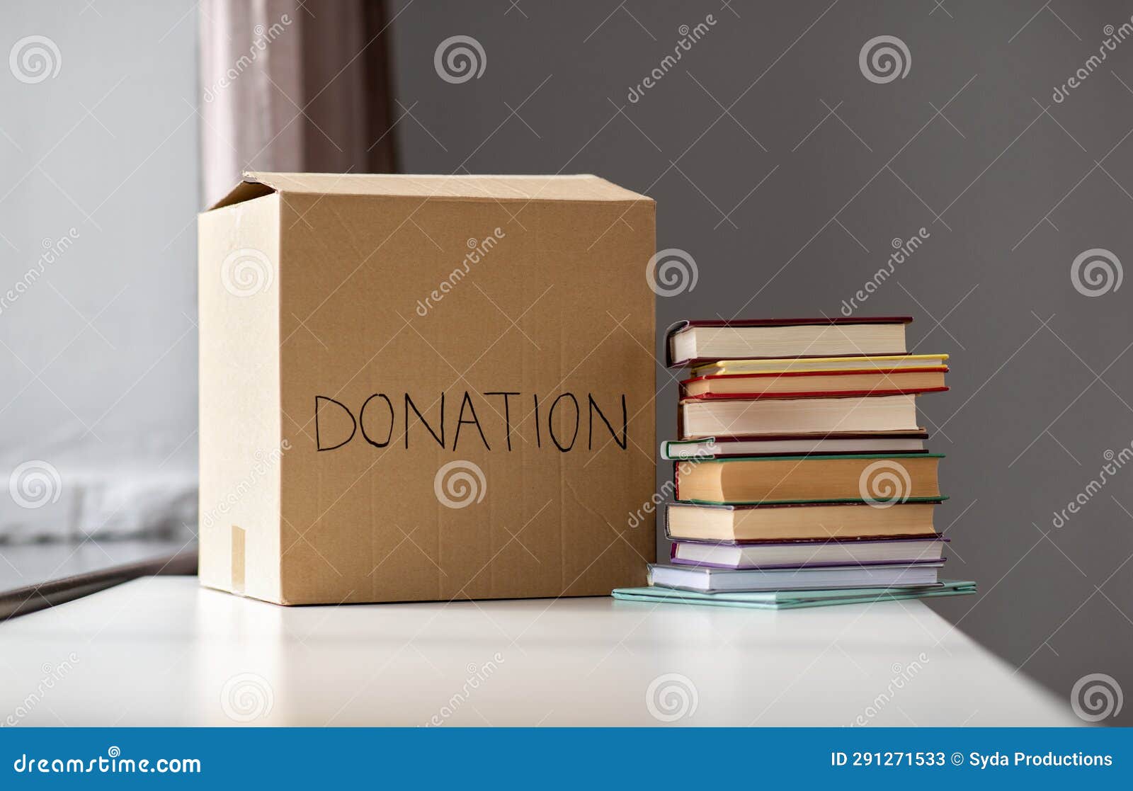 Books and Cardboard Donation Box at Home Stock Image - Image of home ...