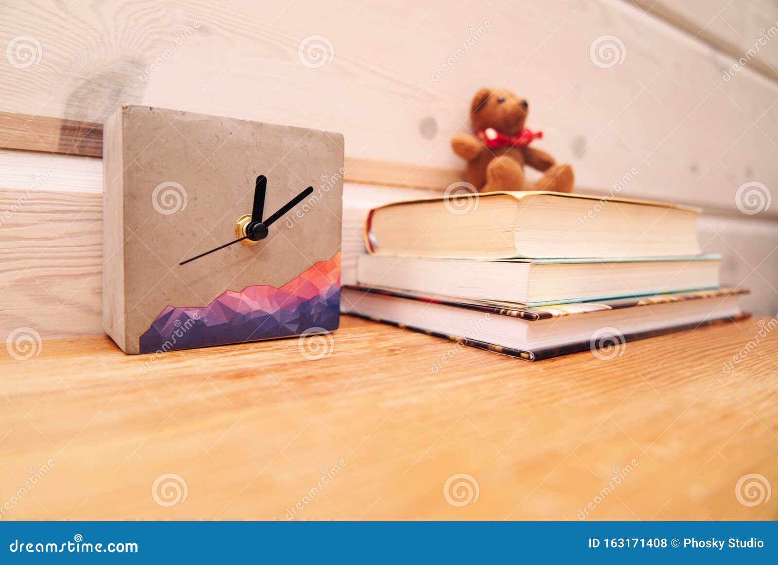 Books, Clock and Teddy Bear on a Wooden Table. Stock Photo - Image of ...