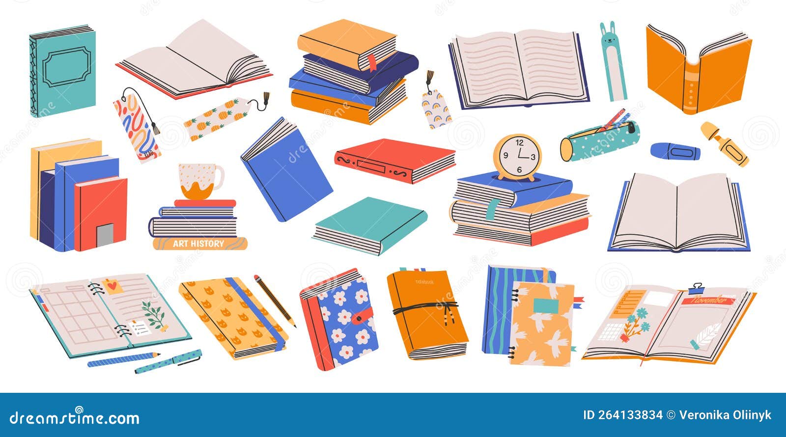 Books Collection. Stack Of Open Closed Paper Notebook Diary Textbook ...