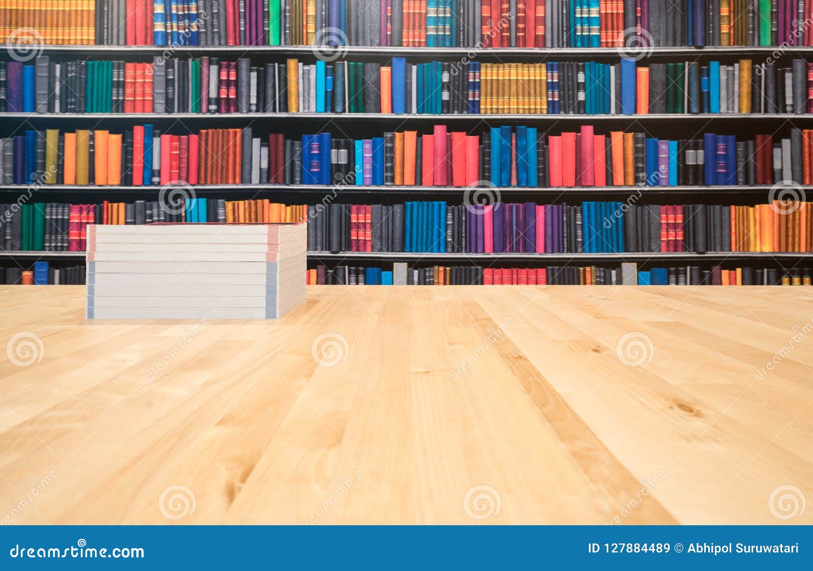 Books with Copy Space - Text Here, on a Wooden Deck Table on a Library ...