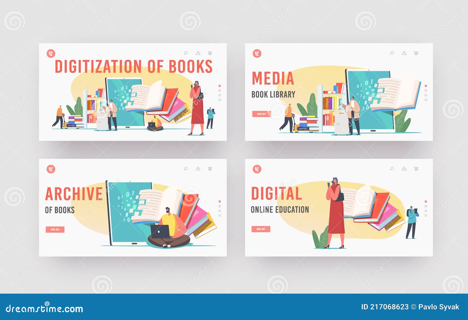 Books Digitization Landing Page Template Set. Librarian Characters Scan ...
