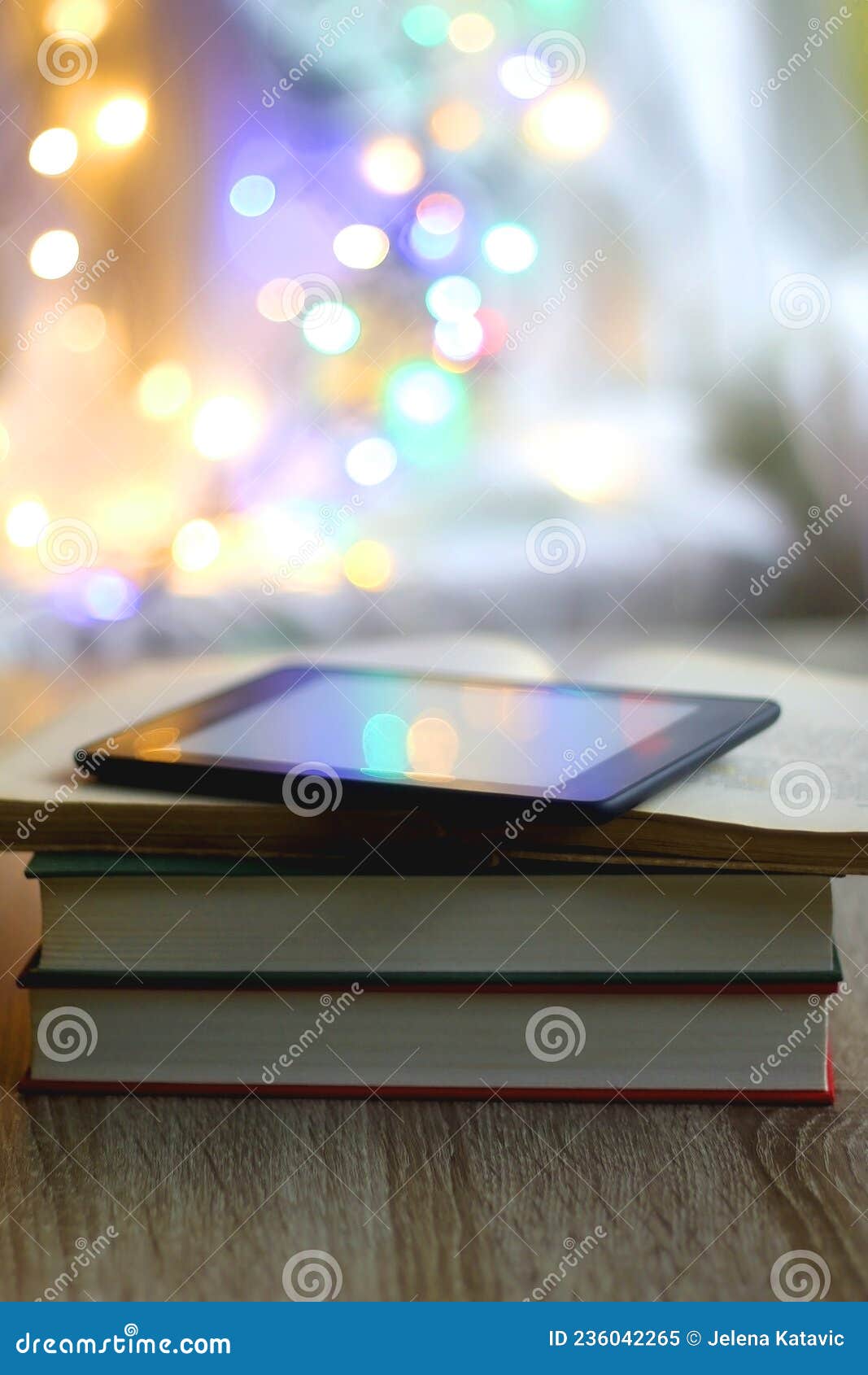 Books, E-Reader and Colorful Bokeh Stock Image - Image of background ...
