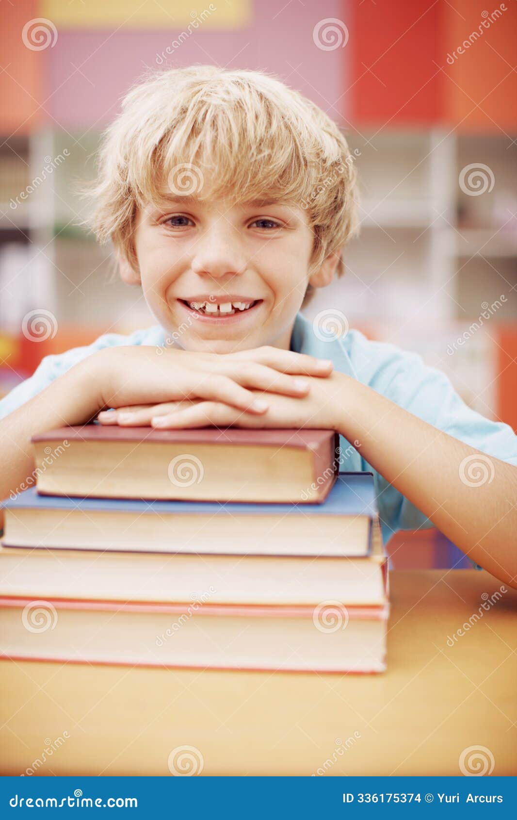 Books, Education and Portrait of Boy Student in Classroom of School for ...