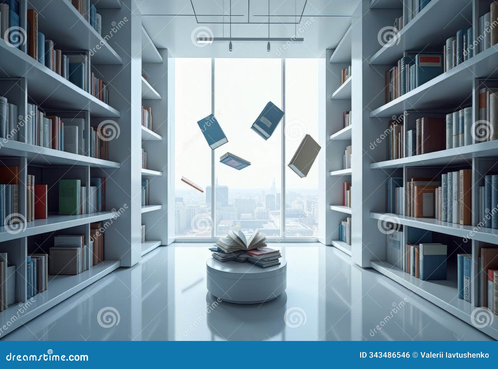 Books Float Above an Open Book in a Modern Library with Large Windows ...