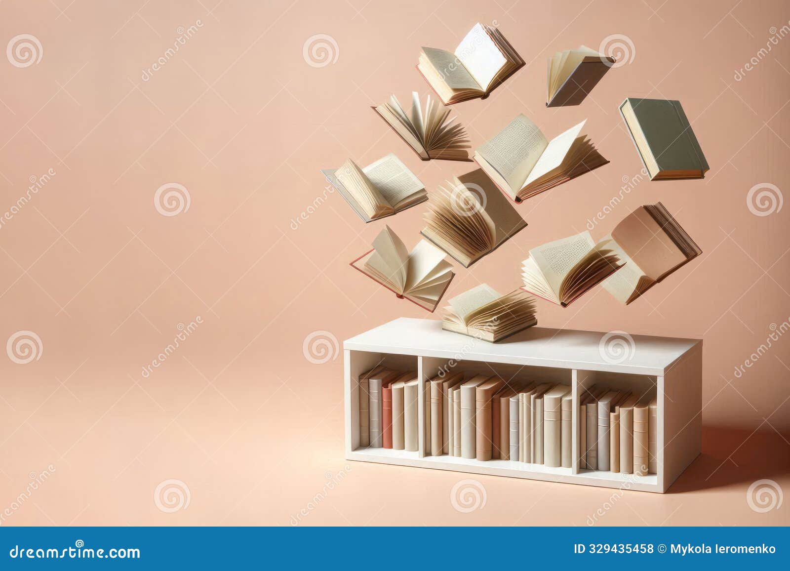 Books Flying in the Air Above a Bookshelf. Space for Text. Stock Photo ...