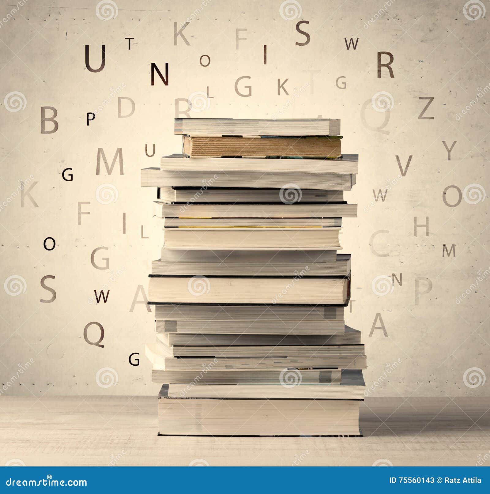 Books with Flying Letters on Vintage Background Stock Image - Image of ...