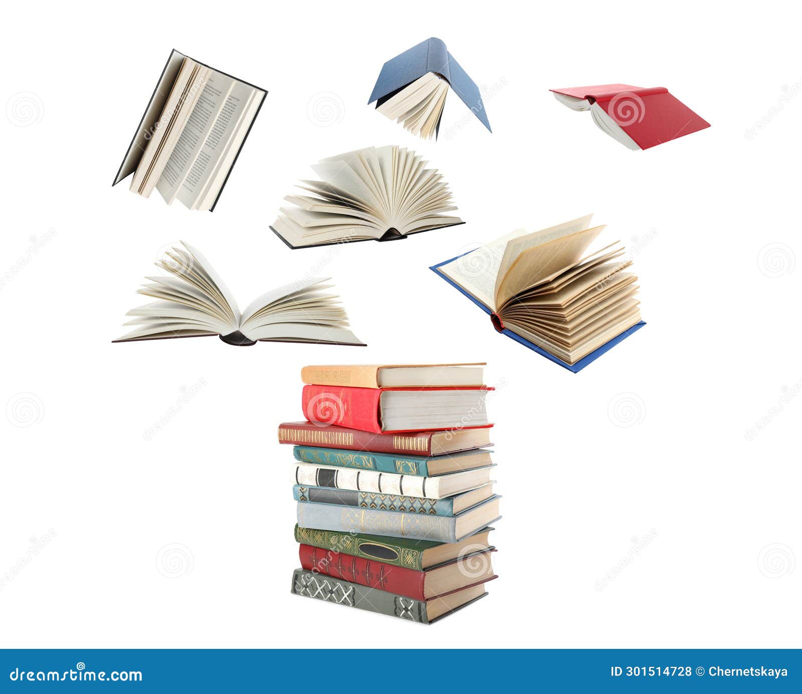 Books Flying Over Stack on White Background Stock Photo - Image of ...