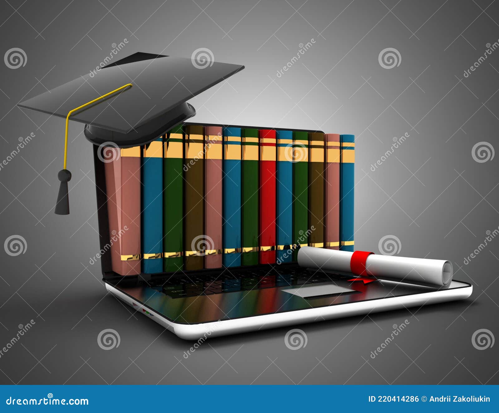 Books and Graduation Cap on Laptop- E-learning 3d Concept. 3D ...