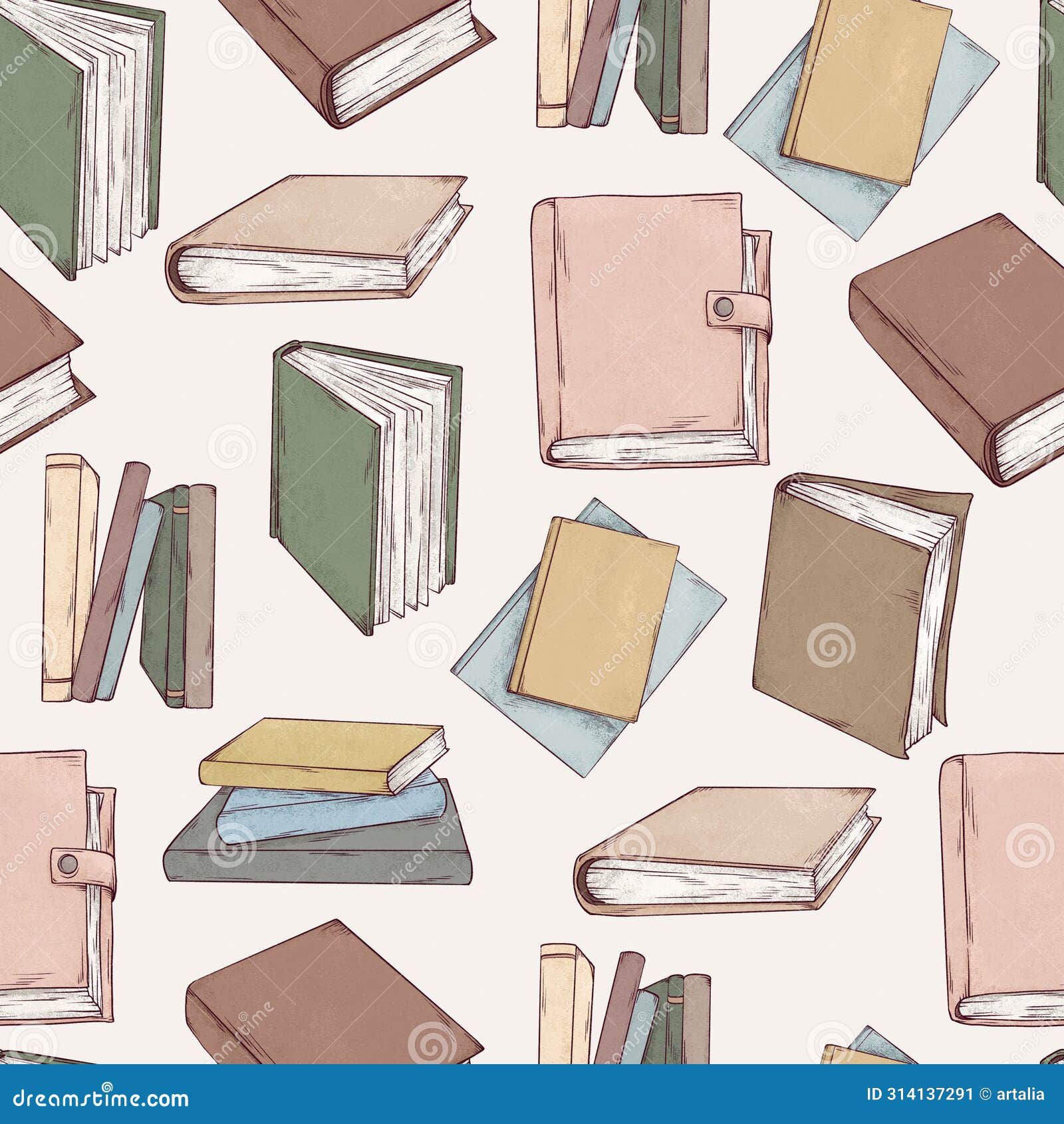 Books Hand Drawn Illustrations Seamless Pattern. Sketch Art of Various ...