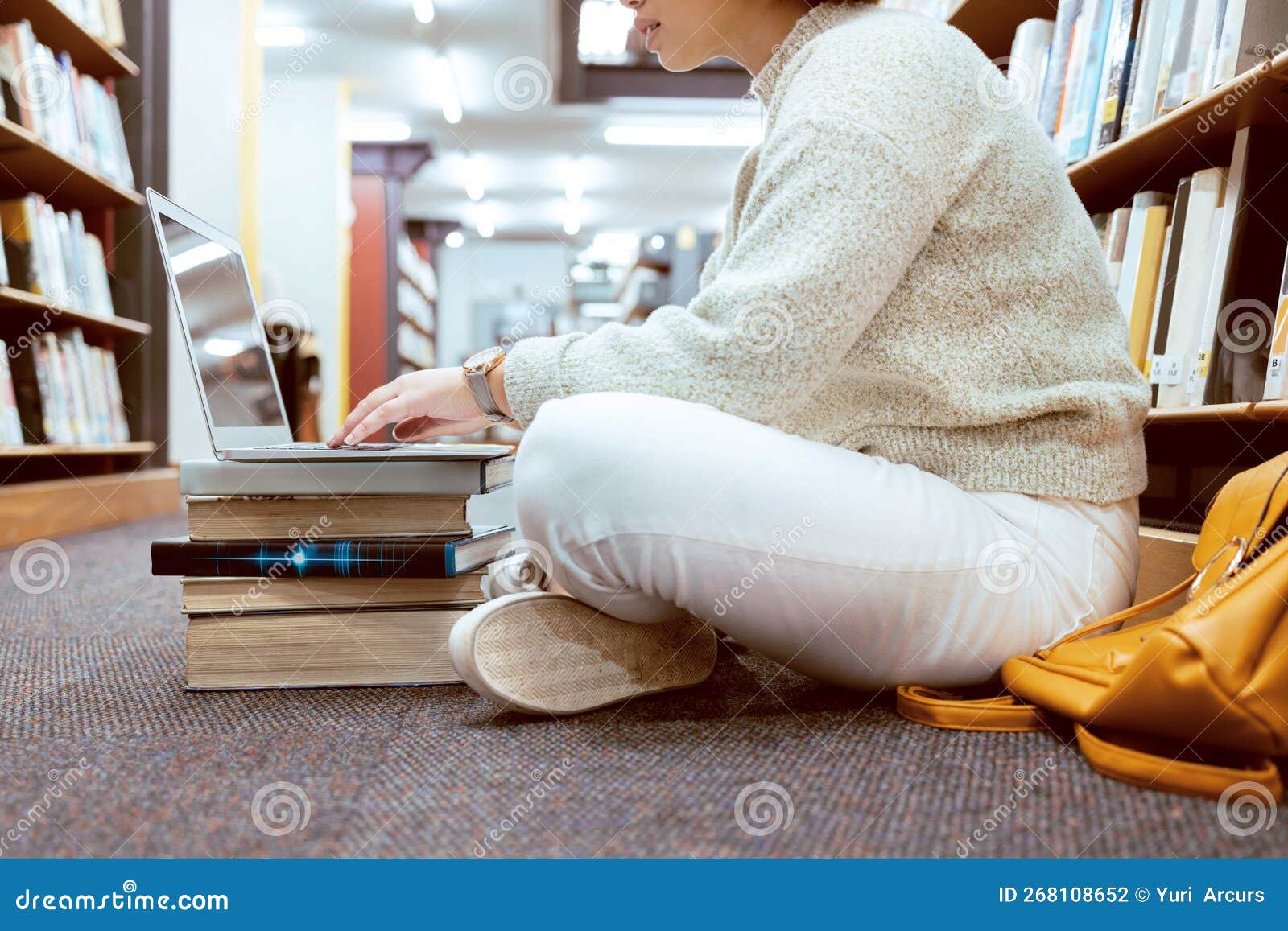 Books, Laptop or Student Typing on Library Floor for Research ...