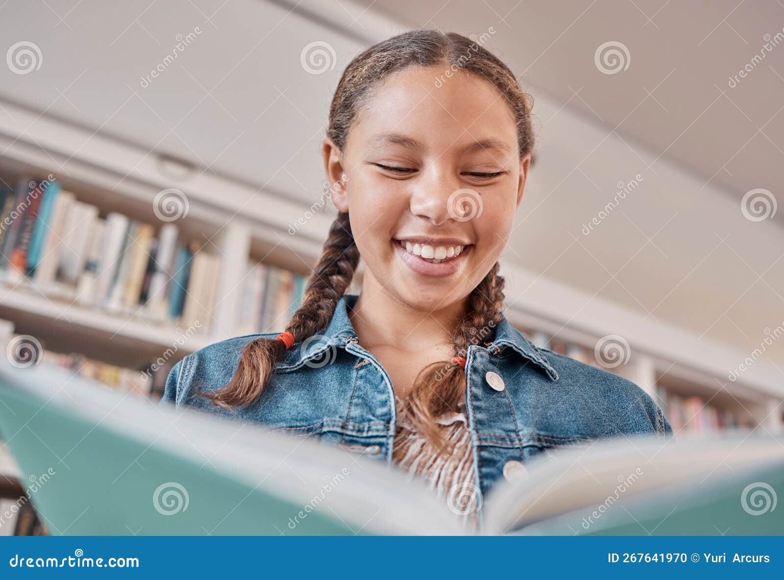 Books, Library or Happy Student Reading a Fun Story for Knowledge or ...