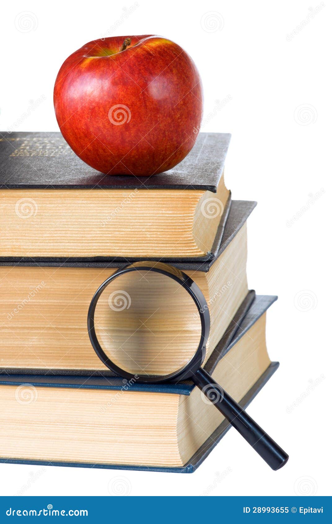 Books, Magnifying Glass and Red Apple Stock Image - Image of white ...