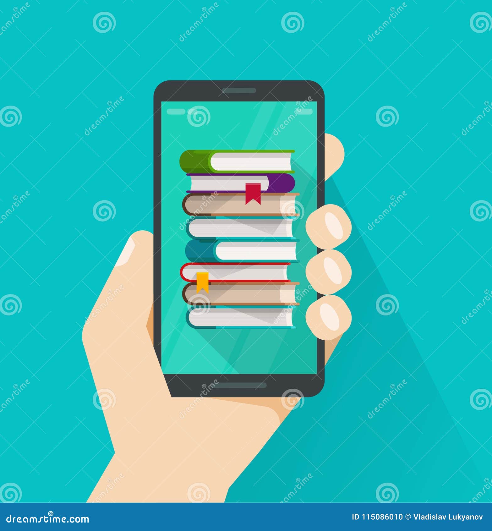 Books on Mobile Phone Screen Vector Illustration, Flat Cartoon Books ...