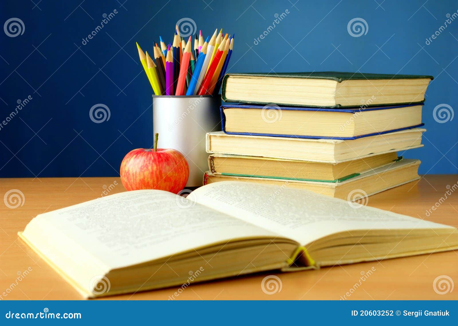 Books, Pencils and Apple on the Table Stock Photo - Image of table ...