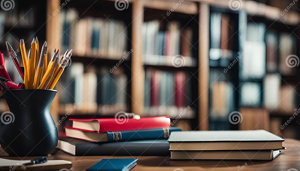 Books, Pencils and a Library Stock Illustration - Illustration of ...
