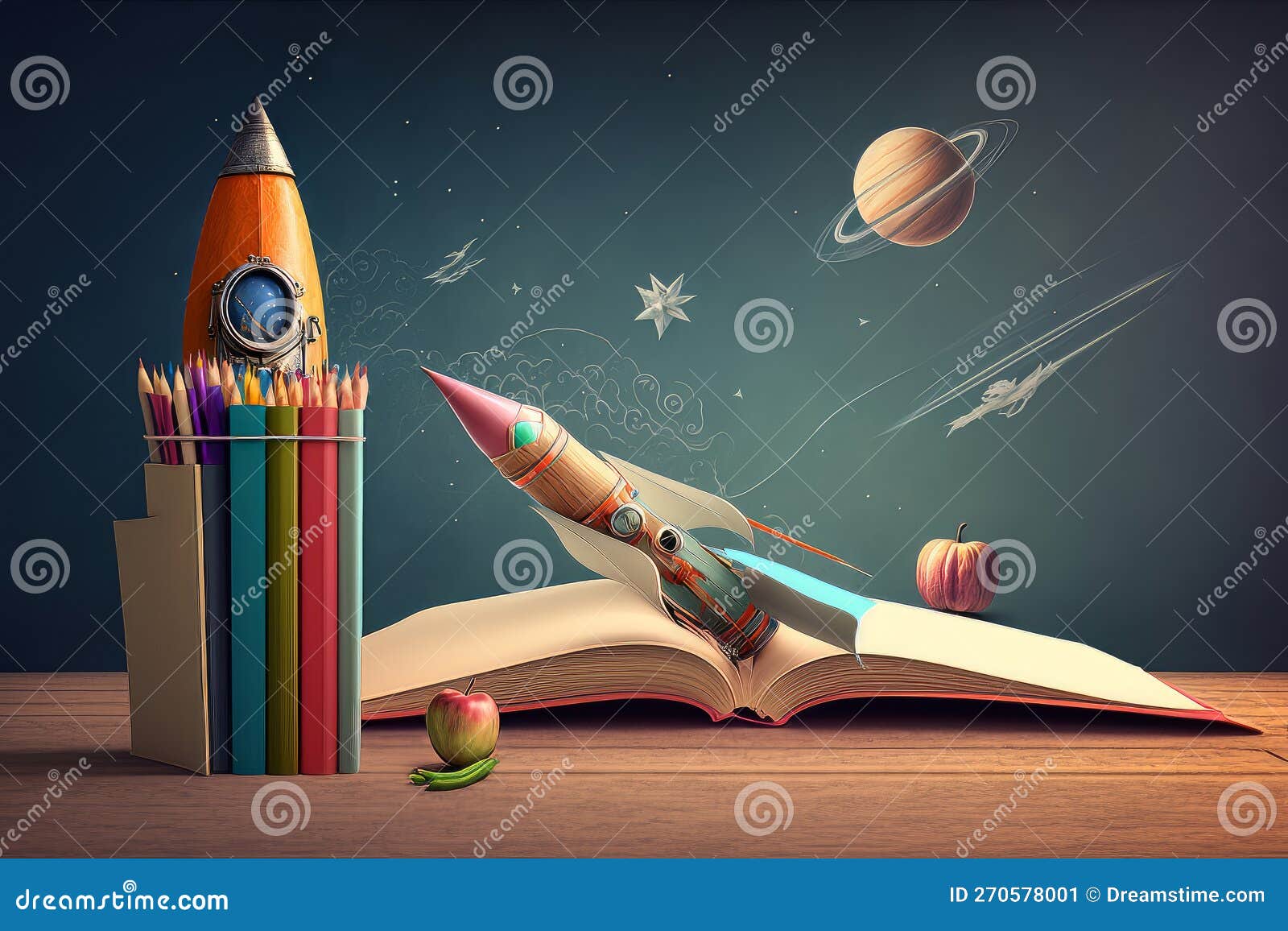 Books and Pencils with Rocket Sketch. Illustration AI Generative Stock ...