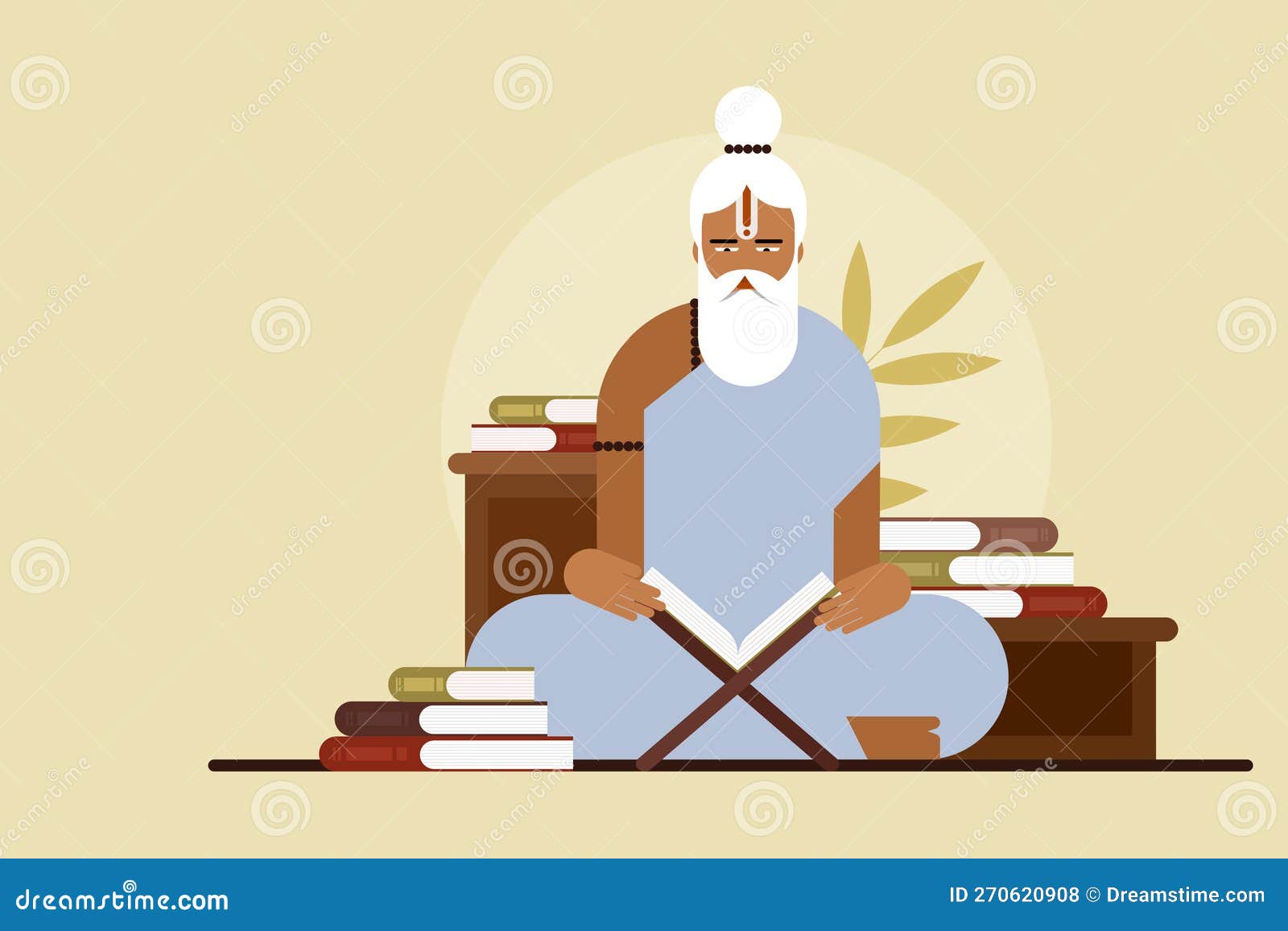 A Traditional Hindu Monk Reading Books Vector Illustration ...