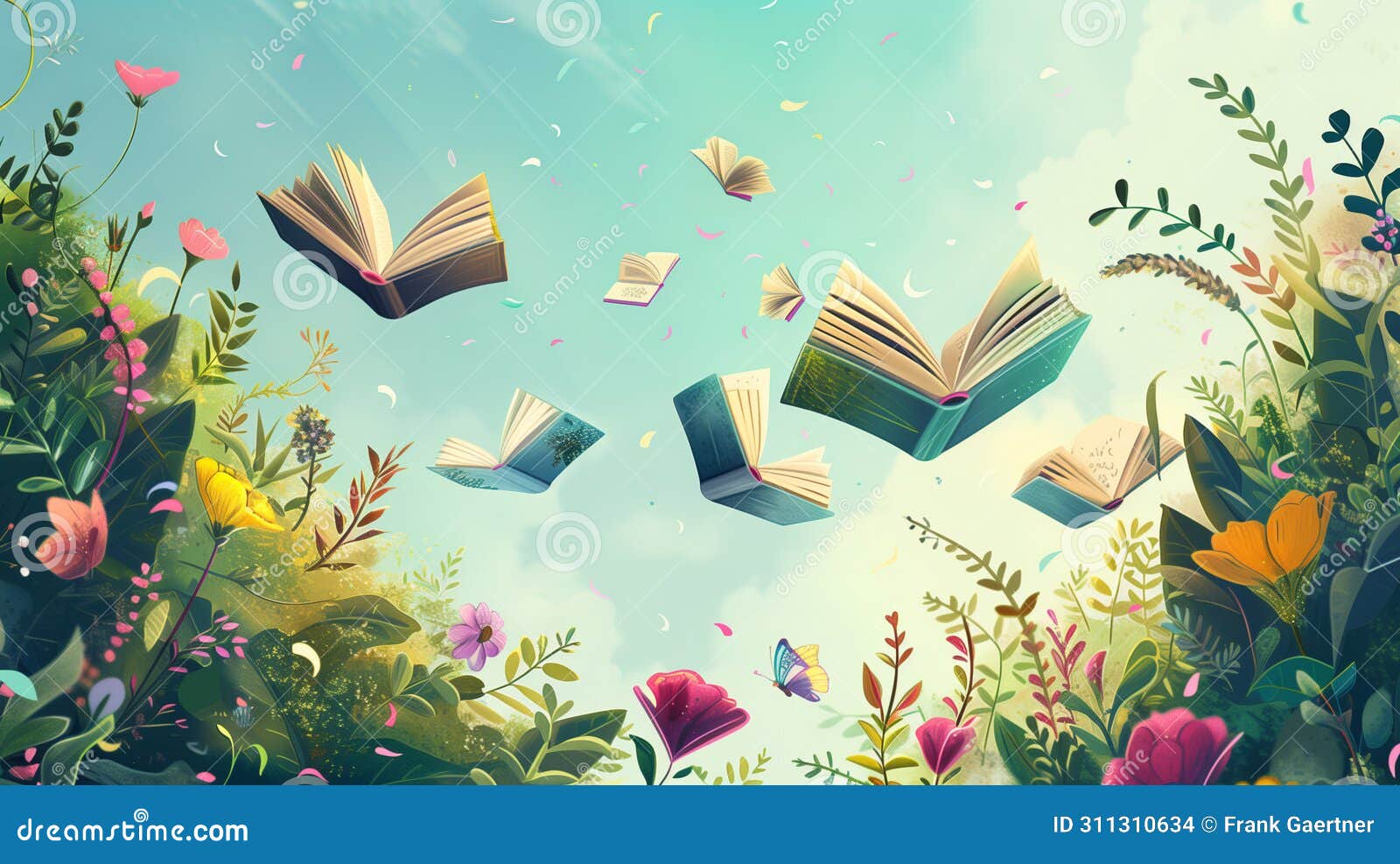 Books for Spring: Various Books are Flying through a Typical Blossoming ...