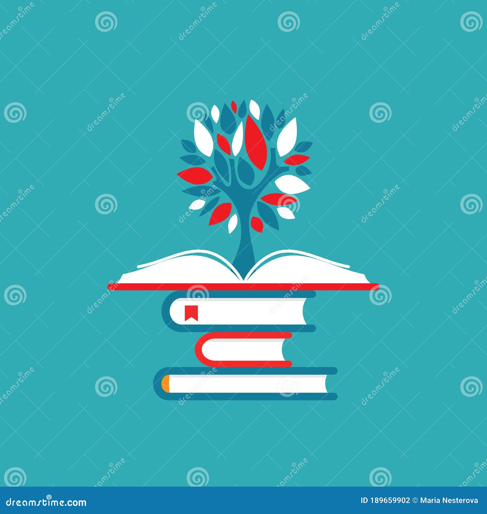 Books Stack, Red Open Book and Tree. Flat Icon Isolated on Powder Blue ...
