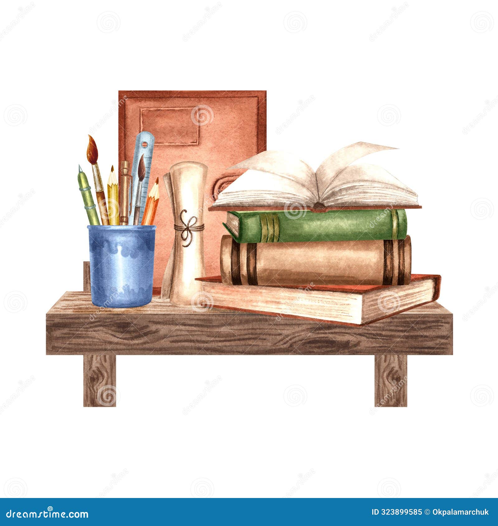 Books Stack and Writing Utensils on Bookshelf. Composition with ...