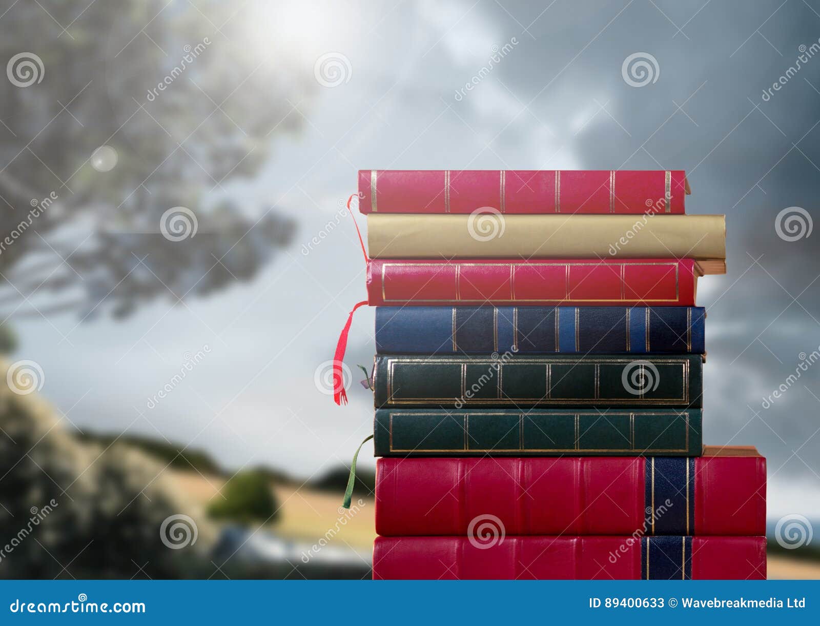 Books Stacked by Romantic Nature Landscape Stock Image - Image of ...