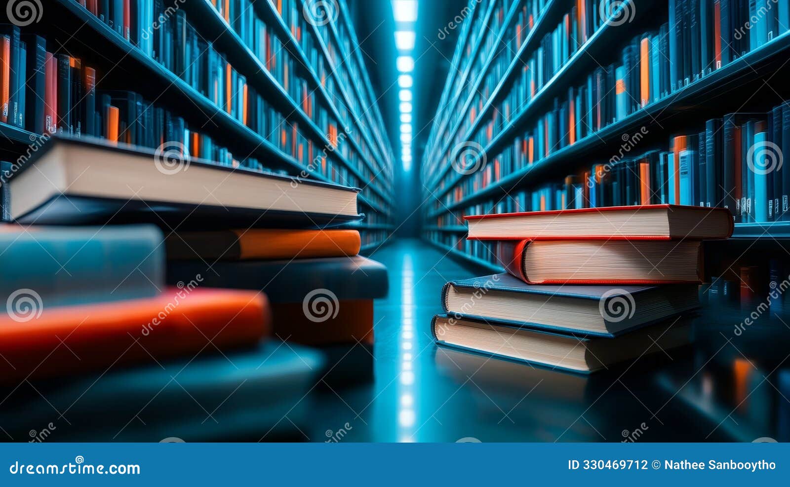 Books Stacked on a Table in a Modern Library Stock Illustration ...