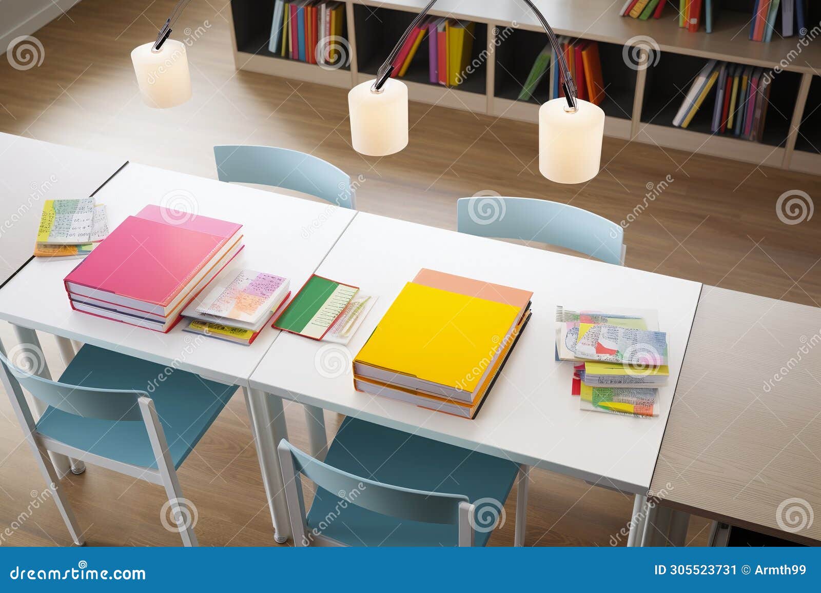Books on the Table in the Classroom. Education Concept. 3D Rendering ...