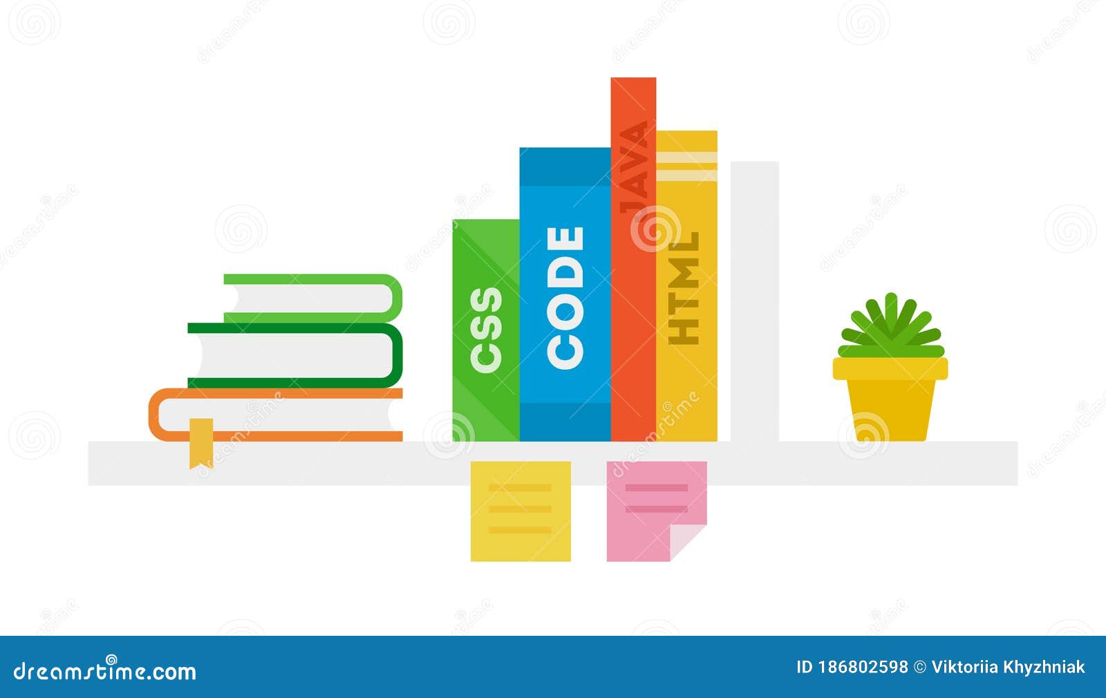 Programming Books With Text Css Code Java Html On The Shelf Vector Illustration In A Flat
