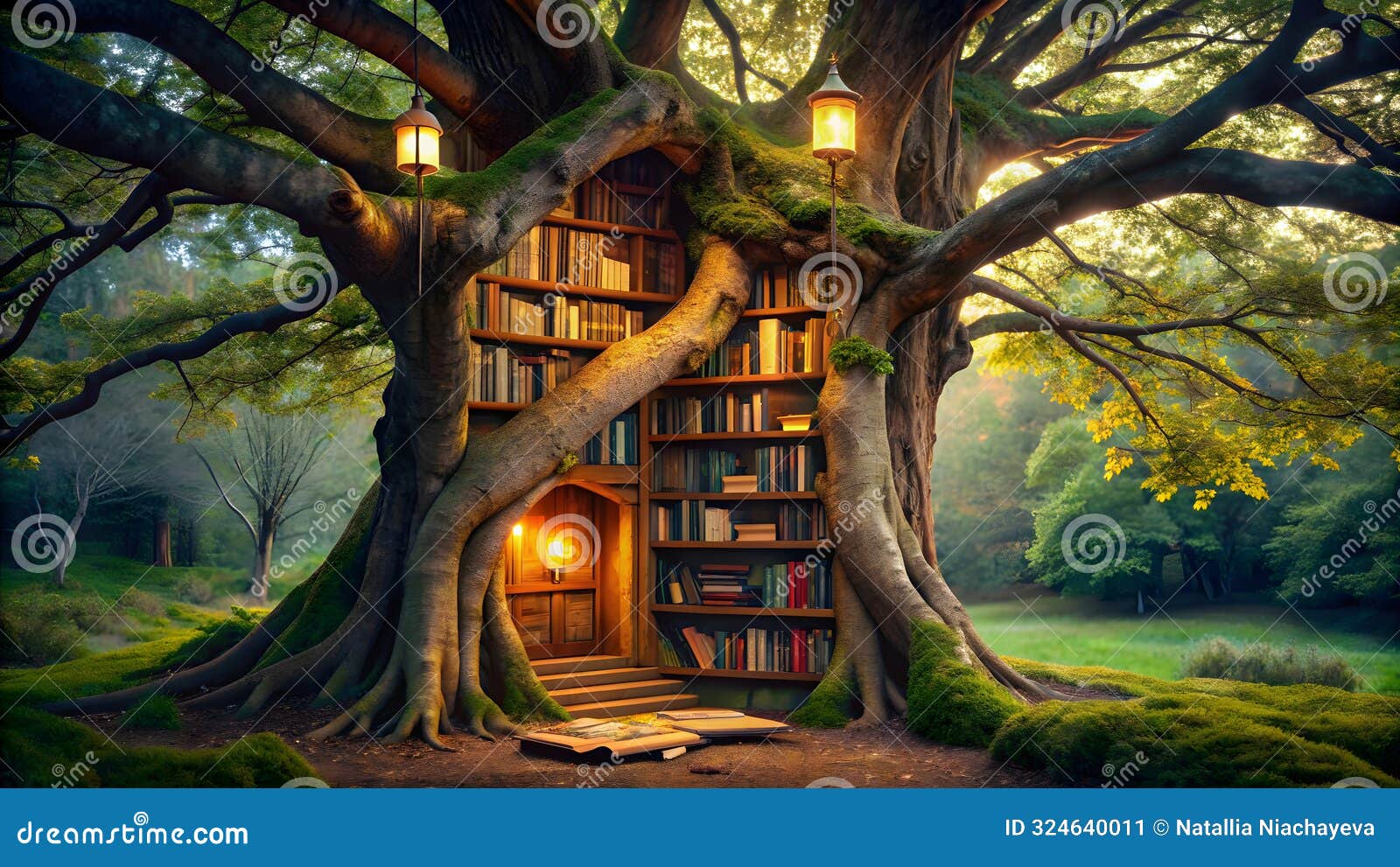 Bookshelf with Books in a Magical Forest. Abstraction Ancient Library ...