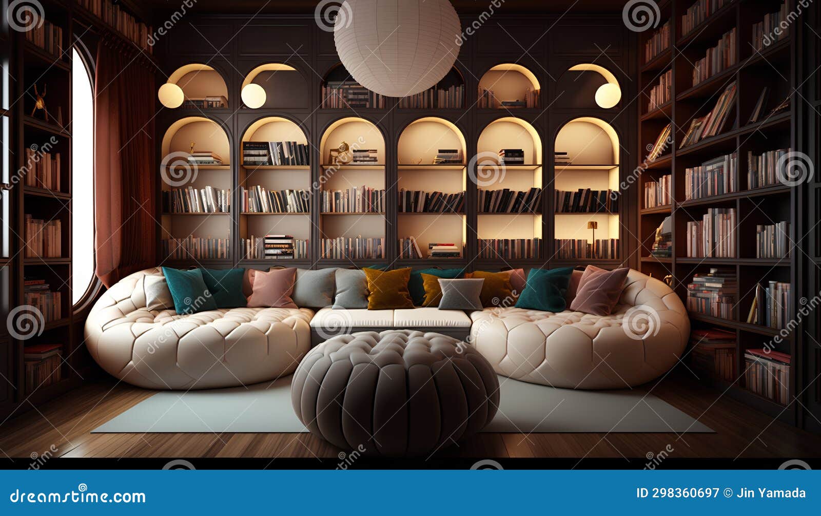 Bookshelf with Books and Sofas, 3d Render Stock Illustration ...