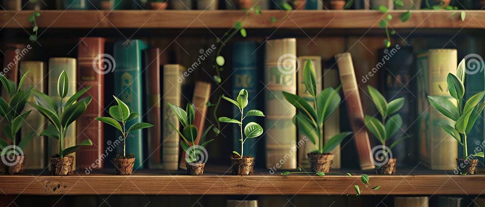 A Bookshelf with Books that Sprout Tiny Plants when Read Stock ...