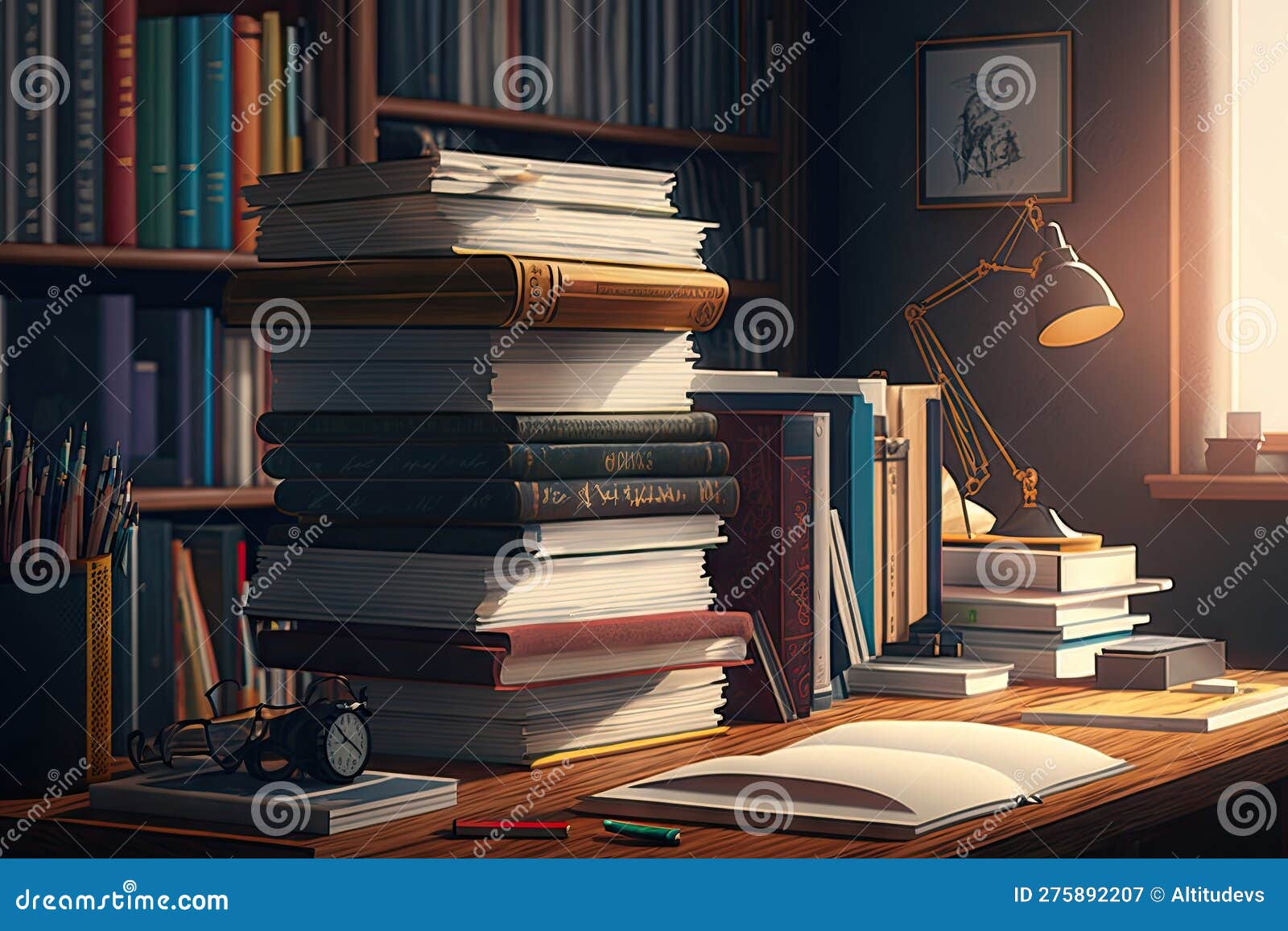 Bookshelf Filled with Books and Stack of Paper, in Study or Office ...