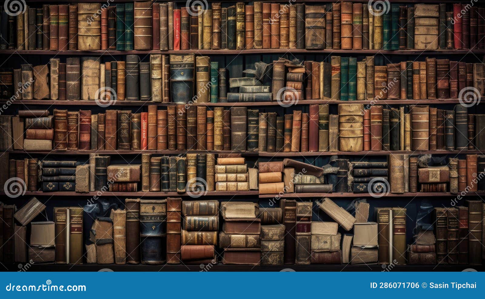 Bookshelf Many Old Books in a Book Shop or Library Stock Illustration ...