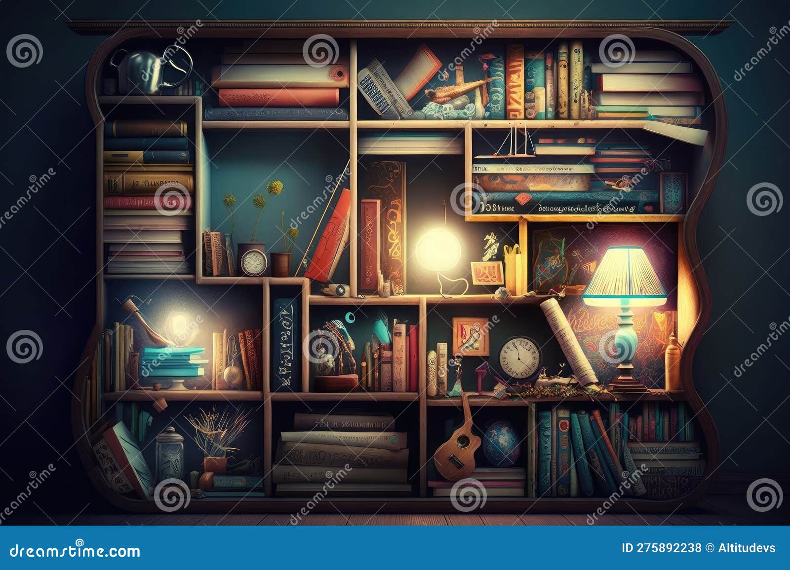 Bookshelf Overflowing with Books and Knickknacks Stock Illustration ...