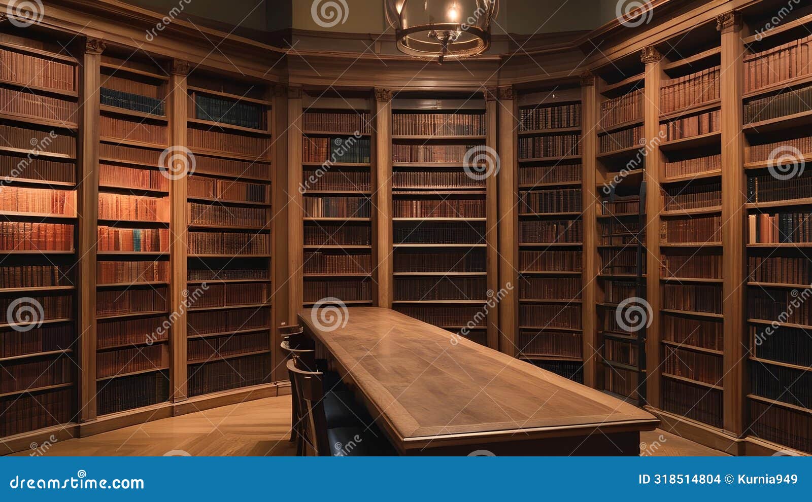 Bookshelf in a Public Library Room with a Wooden Table and Dimly Lit ...