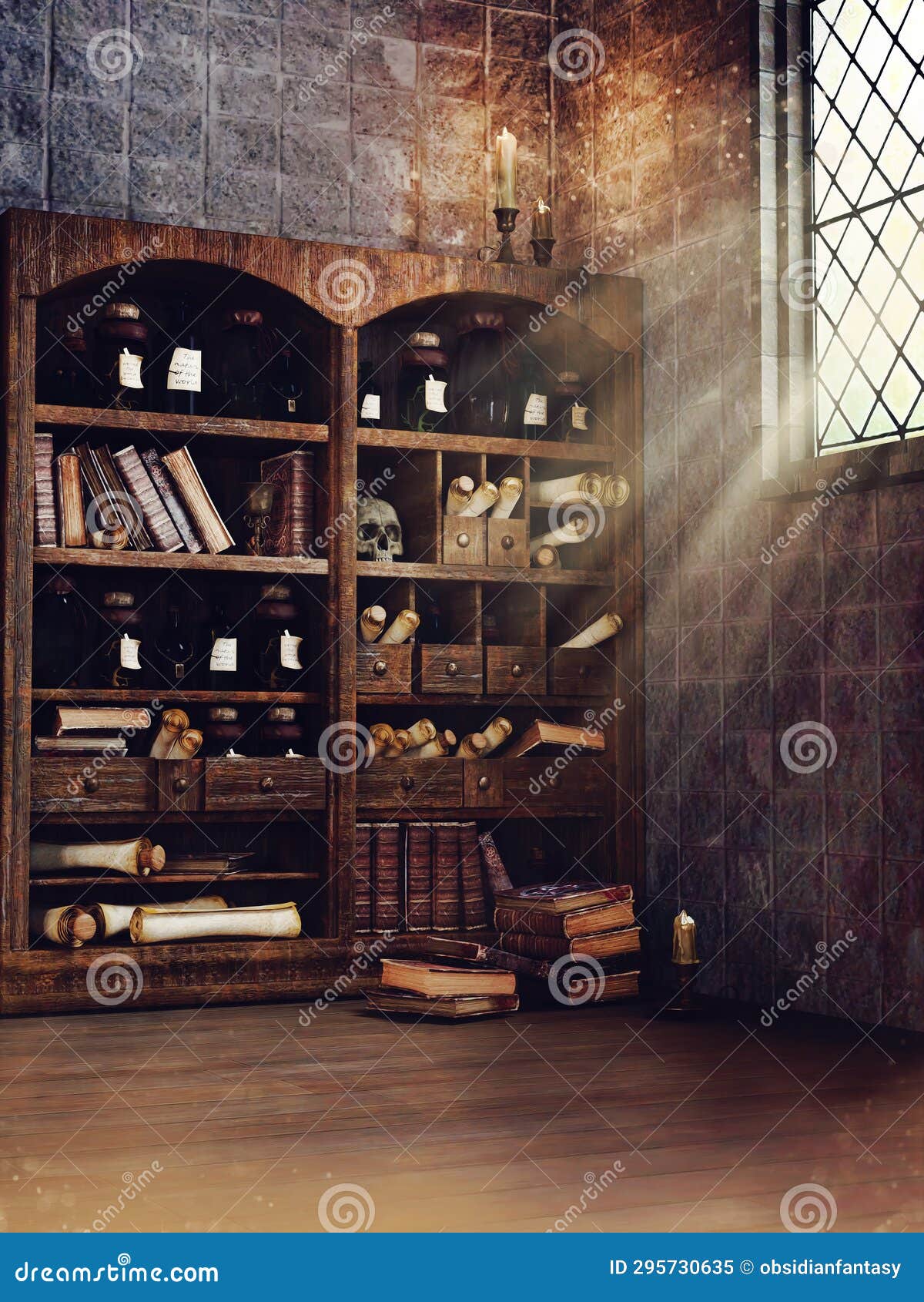 Bookshelf with Scrolls and Magic Items Stock Illustration ...